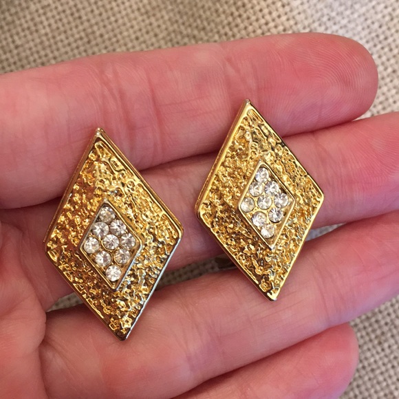 Vintage | Jewelry | Vintage Diamond Shaped Clip Earrings Rhinestone ...
